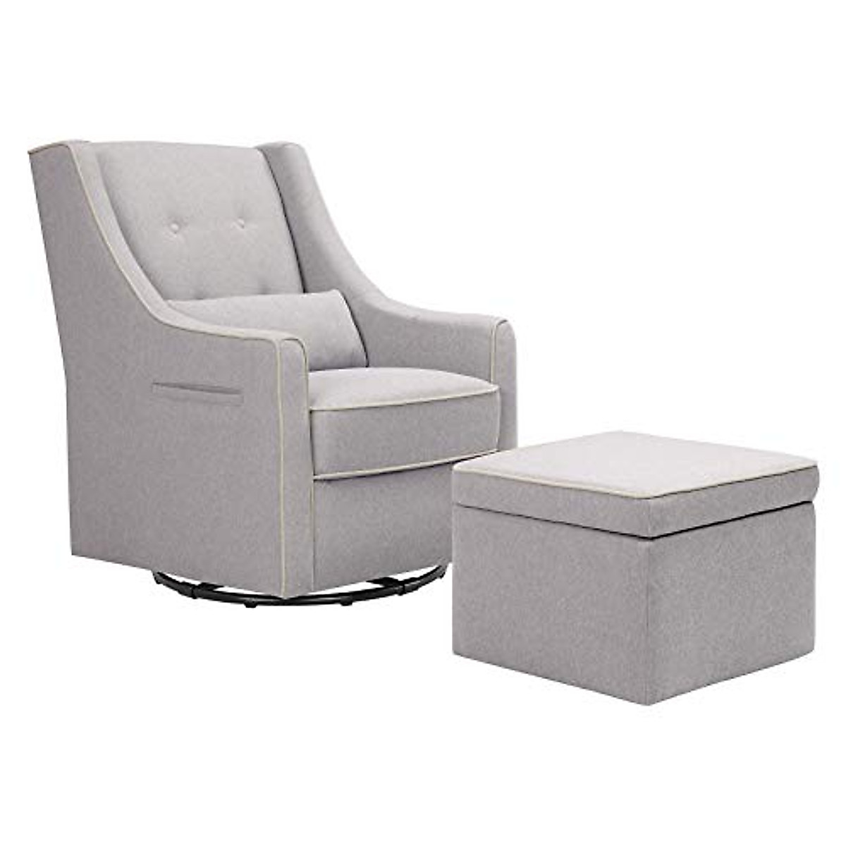 DaVinci Owen Upholstered Swivel Glider with Side Pocket and Storage Ottoman in Grey with Cream Piping, Greenguard Gold & CertiPUR-US Certified