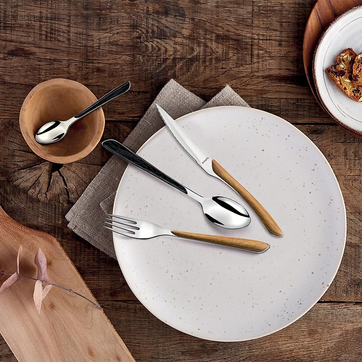 Amefa Eclat Nature Wood Pattern Handle 18/0 Flatware Set - Brown - 24 Piece Place Setting - Service for 6 -Fork Knife Spoons (2) - Amefa Wooden Cutlery Set - Flatware Set - Silverware Set