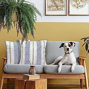 AlanRoye Outdoor Throw Pillow Covers Farmhouse Decorative 18x18inch Set of 2 Blue Yellow Grey Gray Gold Waterproof Stripe for Patio Garden Couch Neutral Beige Aesthetic Linen Modern Pillowcase