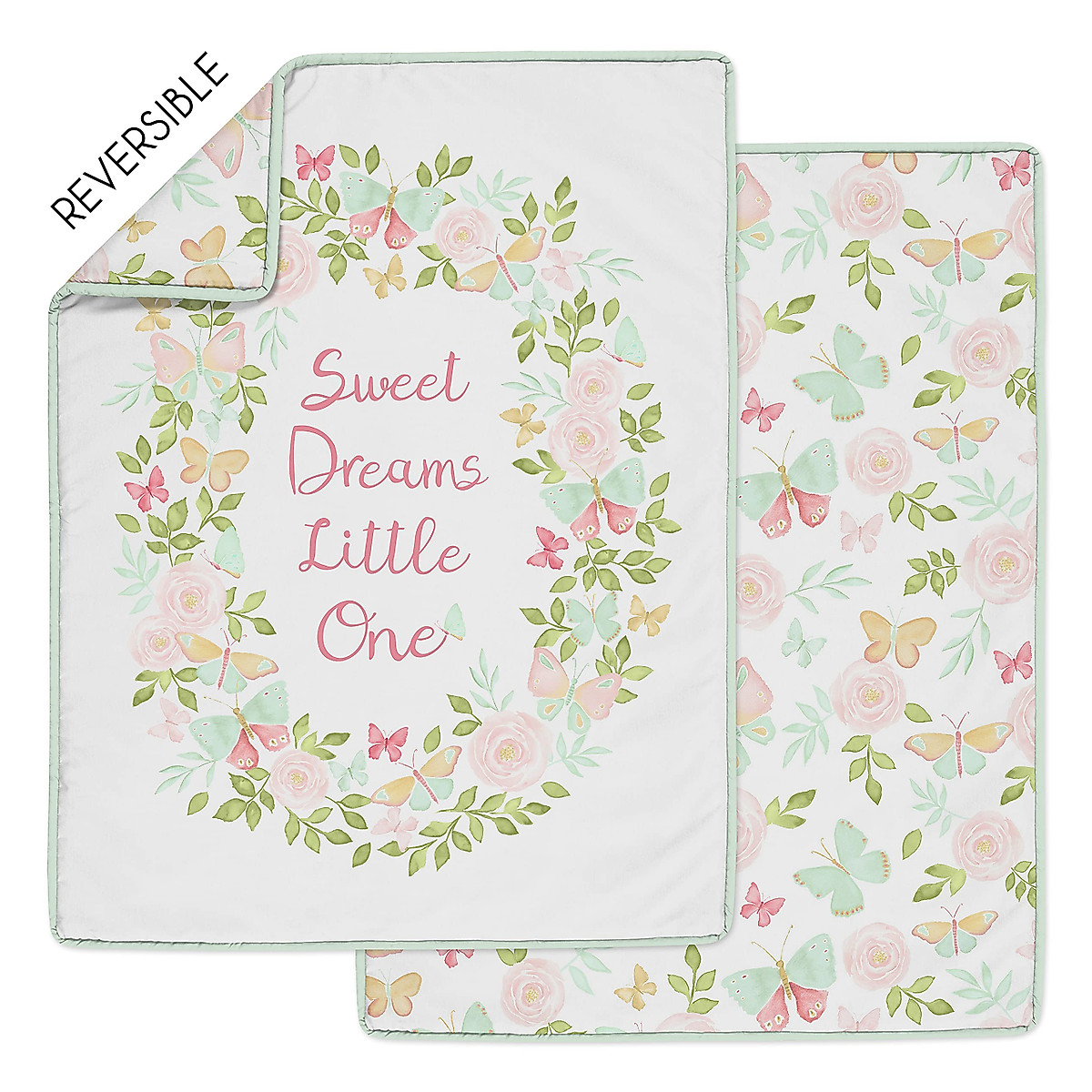 Sweet Jojo Designs Blush Pink, Mint and White Shabby Chic Butterfly Floral Baby Girl Crib Bedding Set - 4 Pieces - Watercolor Rose