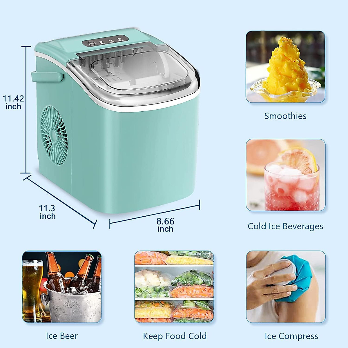 Antarctic Star Countertop Ice Maker Portable Ice Machine with Handle,Self-Cleaning Ice Makers, 26Lbs/24H, 9 Ice Cubes Ready in 6 Mins for Home Kitchen Party Bar Green