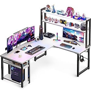 ODK L Shaped Gaming Desk with Hutch, Computer Desk with Storage Shelves, 59" L Shaped Desk for Home Office, Corner Desk with Headphone Hook, White