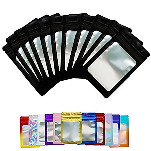 Funnyleaf 100 Pieces Black Resealable Mylar Holographic Bags Food Storage Smell Proof Bags with Front Window Packaging Pouch for Cookies Sample Jewelry Snack,2.36 * 3.94 inches