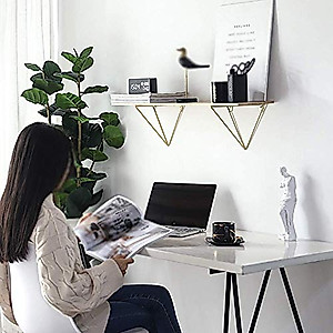 PIBM Stylish Simplicity Shelf Wall Mounted Floating Rack Shelves Iron Art Metal Solid Wood Storage Display Stand Triangle Bracket Living Room Restaurant,4 Sizes, Gold , DA+B+C