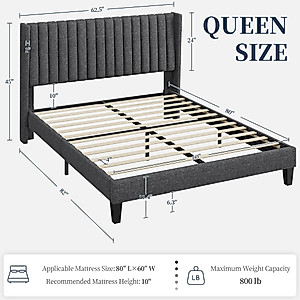 Yaheetech Queen Bed Frame Upholstered Platform Bed with Fabric Headboard, Wing Edge Design/Non-Slip and Noise-Free/Wooden Slats Support/No Box Spring Needed/Easy Assembly, Dark Gray Queen Bed
