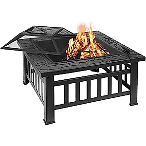LEAYAN Garden Fire Pit Grill Bowl Grill Barbecue Rack Fire Pits,32" Outdoor Fire Pit Metal Square Firepit Wood Burning Backyard Patio Beaches Camping Picnic Bonfire Stove with Spark Screen Cover