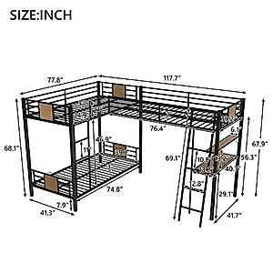 TARTOP L-Shaped Twin Over Twin&Twin Triple Bunk Bed with Desk and Shelf, Metal Bunkbed Linked with a Loftbed for 3 People, Kids Teens Bedroom, Brown
