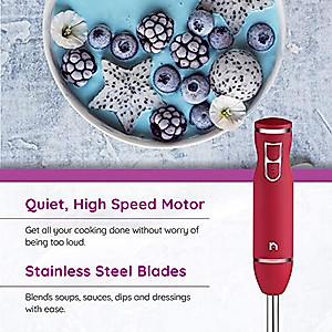 New House Kitchen Immersion Hand Blender 2 Speed Stick Mixer with Stainless Steel Shaft & Blade 300 Watts Easily Food, Mixes Sauces, Purees Soups, Smoothies, and Dips, Red