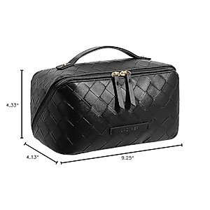 EACHY Travel Makeup Bag, Large Capacity Cosmetic Bags for Women, Waterproof Portable Open Flat Toiletry Bag Make up Bag with Divider and Handle (Checkered-Black, Medium)