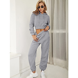 MakeMeChic Women's Sweatsuits 2 Piece Outfits Cropped Hoodie Pullover Top and Jogger Sweatpants Set Light Grey S