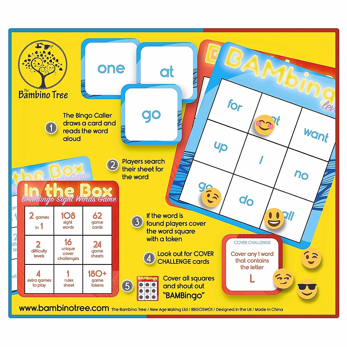 THE BAMBINO TREE Sight Word Bingo Game Level 1 and 2 - Learn to Read Vocabulary for Kindergarten 1st Grade - Dolch's Fry's Words Lists