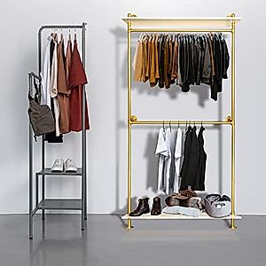 lesolar Industrial Pipe Double Hanging Rods Clothing Rack Gold Clothing Rack,90.55" H Wall Mounted Garment Rack Storage Clothes Hanging Shelf Suitable for Bedroom, Retail Clothing Store, Boutique