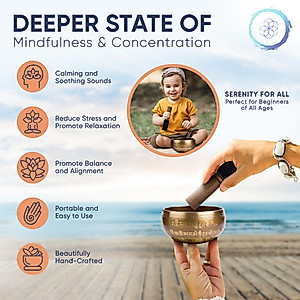 Tibetan Singing Bowl Set - 7 chakra healing crystal stones, Rose Quartz Pendulum Necklace - Handcrafted in Nepal for Meditation, Mindfulness, Yoga, Spiritual Healing and Stress Relief