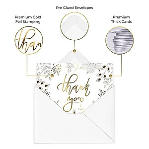 Fresh & Lucky 50 Elegant Thank You Assorted Blank Cards With Envelopes - Classic Multiple Golden and Silver Floral Print Stylish Design on White Thick Paper - Perfect For Weddings, Business Events, Invitations, Memorial Donations, Funeral Contributions, B