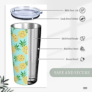 20oz Tumbler Luscious Pineapple Print Double Wall Vacuum Insulated Coffee Mug with Lid and Metal Straw Brush Reusable Stainless Steel Water Bottle Travel Cup Gifts for Car Ice Drinks Hot Beverage