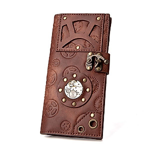 Valentoria Handmade Vintage Steampunk Gear Womens RFID Blocking Long Wallet Genuine Leather Card Holder Purse Handbag Clutch Cell Phone Purse Bag Holster Gift for Women Men (C)
