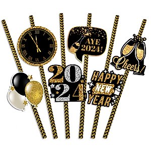 48PCS Happy New Year Straws 2024 – New Year’s Eve Striped Straws Party Supplies Decorations
