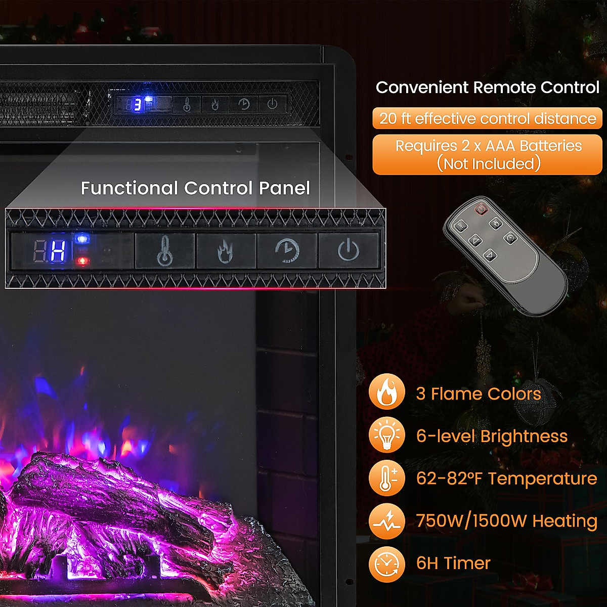 COSTWAY Electric Fireplace Insert 26-inch Wide, 5,000 BTU Recessed and Freestanding Fireplace Heater with Remote Control, 3 Flame Colors, 6 Brightness, 6H Timer, Fireplace for Indoor Use, 750/1500W