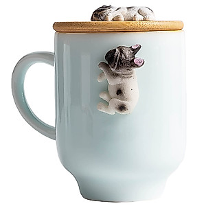 Frenchie Bulldog Gifts Mug with Bamboo Lid,Frenchie Gifts for Dog Lovers Unique YingQing Color Mug Ceramic Tea Cup Coffee Mug by Pet Figurine Decoration -(14oz)