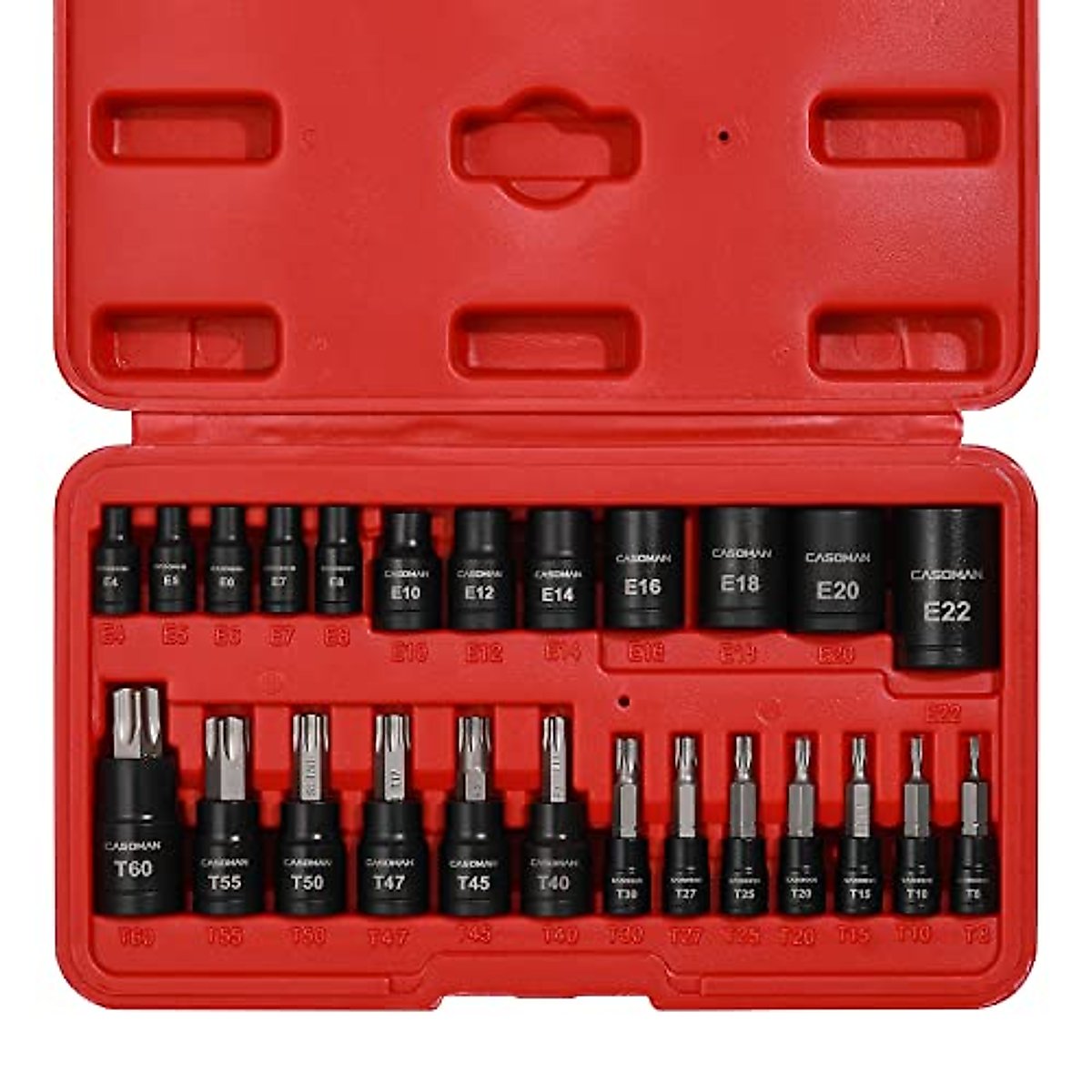 CASOMAN 25 Piece Torx Bit Socket and External Socket Set, 13 Star Socket Bits (T8- T60)& 12 Female E-Torx Sockets (E4-E22)