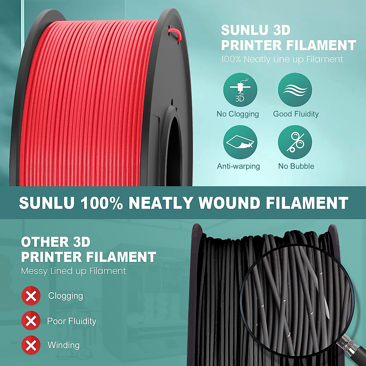 SUNLU 3D Printer Filament, PLA Matte and Silk Filament Bundle, 1.75mm PLA Filament Muticolor, 250G Spool, 8 Rolls, Black+White+Red+Blue+Green+Pink+Grey+Clay