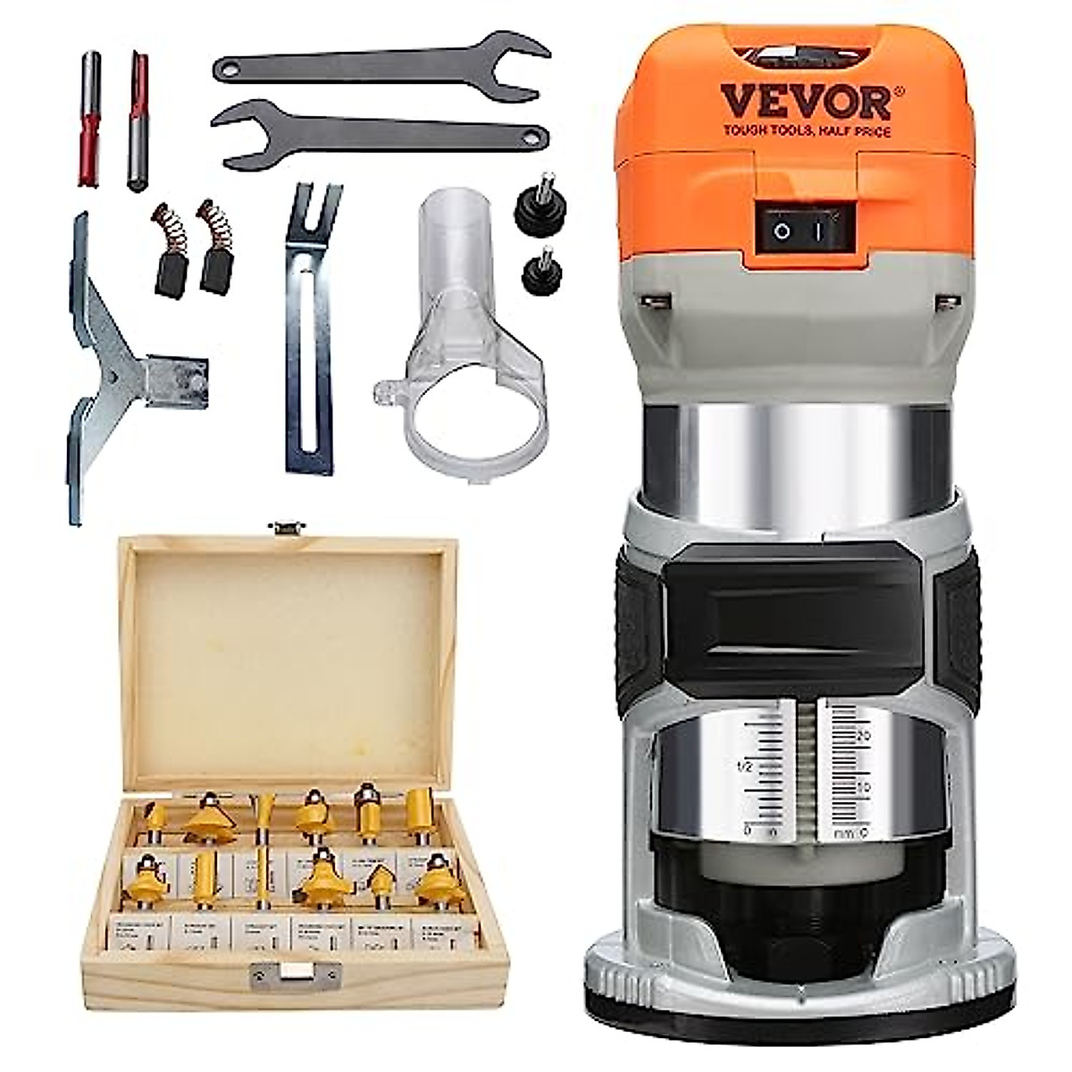 VEVOR Wood Router, 1.25HP 800W, Compact Wood Trimmer Router Tool, 30000RPM Max Speed 6 Variable Speeds, with 1/4'' & 5/16'' Collets 12 PCs Milling Cutters Dust Hood, for Woodworking Slotting Trimming