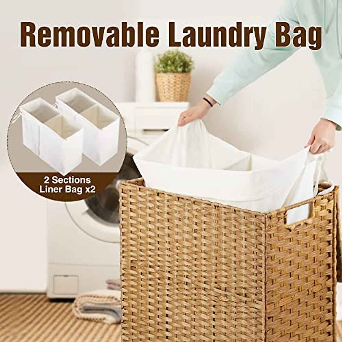 GREENSTELL Laundry Hamper, No Install Needed, 90L Wicker Laundry Baskets Foldable 2 Removable Liner Bags, 2 Section Clothes Hamper Handwoven Laundry Basket with Handles, Nature 18.3x13.3x24 Inches