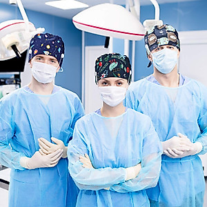 SATINIOR 10 Pieces Bouffant Caps with Buttons Colorful Printed Tie Back Caps Unisex Hats with Sweatband for Women Men Favors