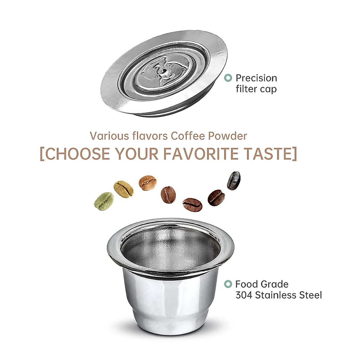 MG Coffee Stainless Steel Reusable Nespresso Capsules Permanent Coffee Pod Holder Compatible for Nespresso Machines (Silver capsules tamper)