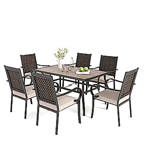 MIXPATIO Outdoor Patio Dining Set 7 Pcs, Patio Dining Table Chair Set, 6 Rattan Chairs with Cushions and 1 Dining Table with Umbrella Hole, for Lawn, Garden, Yards, Poolside