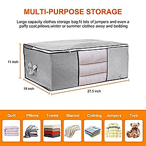 3 Pack Large Capacity Clothes Storage Bag Organizer with Reinforced Handle Thick Fabric for Comforters, Blankets, 105L, Grey