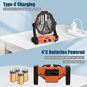 trekkinglamb 8000mAh 3 Speed Battery Powered Fan with Hook Handle, Personal Fan Camping Fan for Tent Camping Hiking Power Outage, Rechargeable Fan Camping with Reading Lamp Led Lantern