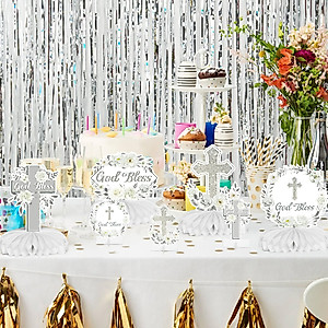 ANGOLIO White Sliver Floral Honeycomb Centerpieces - 12Pcs God Bless Table Decor Honeycomb Cross Centerpieces Baptism Religious Party Table Toppers for Bible Baby Shower Birthday Party Decor Supplies