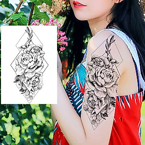 COKTAK 6 Pieces/Lot 3D Realistic Large Black Rose Flower Temporary Tattoos For Women Body Art Arm Big Peony Geometric Tattoo Stickers Adults Fake Waterproof Tatoo Legs Sketch Sexy Girl Peach Lily