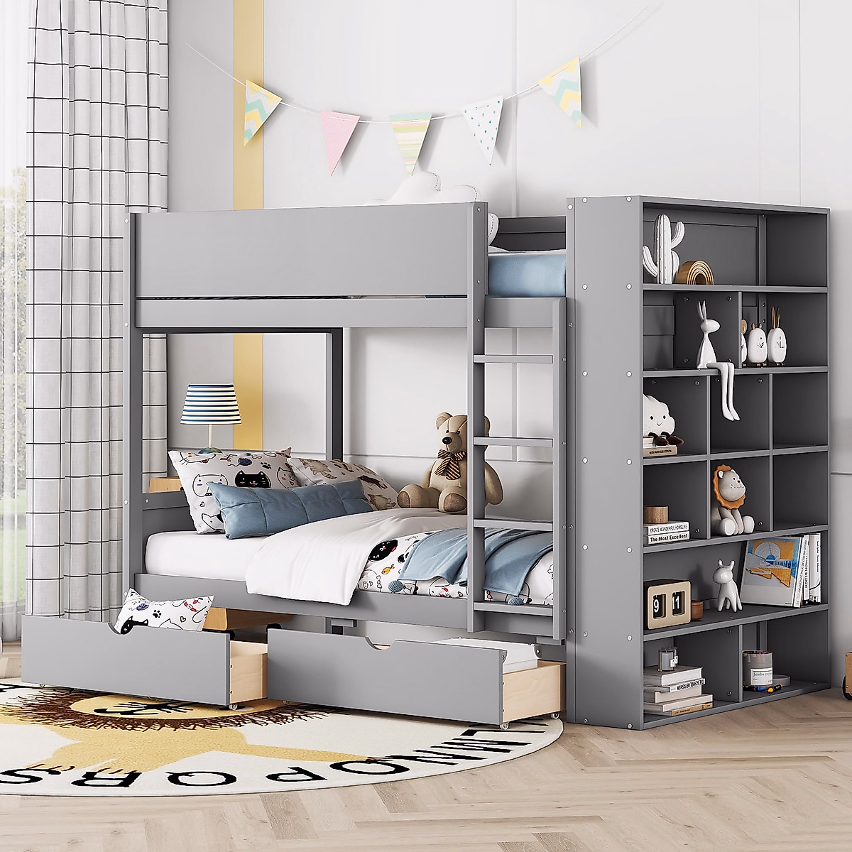 Harper & Bright Designs Twin Over Twin Bunk Beds with Storage Drawers & Bookshelves, Wood Bunk Bed Frame with Guardrails & Ladder for Kids, Teens, Adults (Gray)