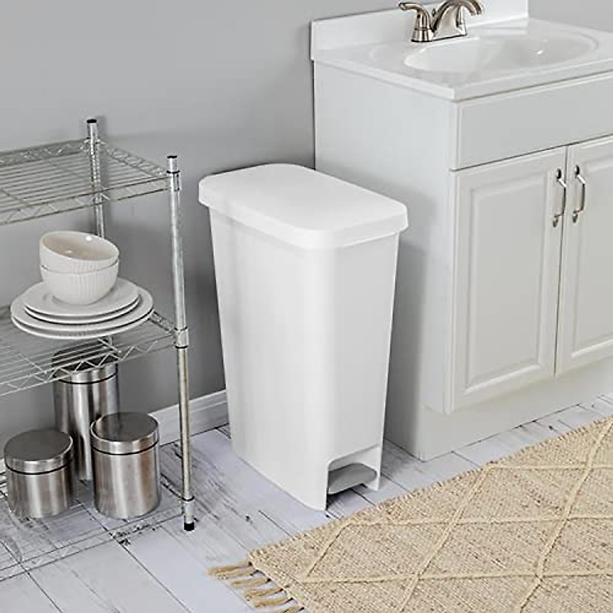 Sterilite Slim Trash Can with Lid, Step On 11 Gal White Kitchen Garbage Can for Bathroom, Bedroom, Home, and Outdoor, Wholesalehome Microfiber Cleaning Cloth Included