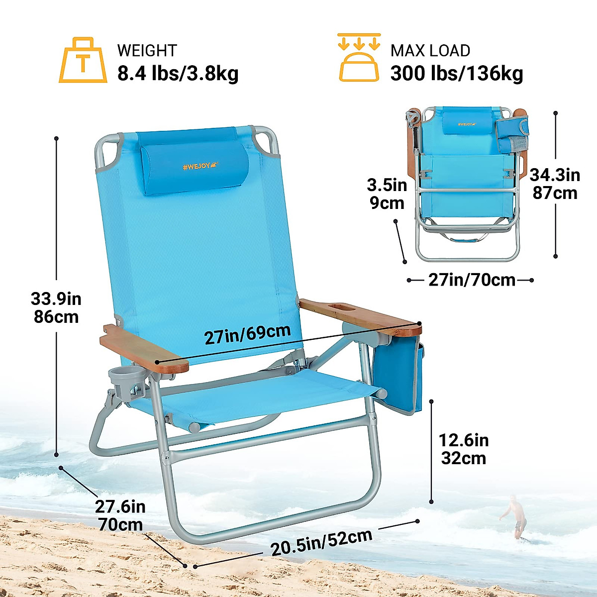 #WEJOY Oversized Beach Chair, 5 Adjustable Reclining Folding Backpack Beach Chairs for Adult, High Back Seat Chair with Bottle Opener,Handle Strap,Phone&Cup Holder for Camping Sand,300 Lbs