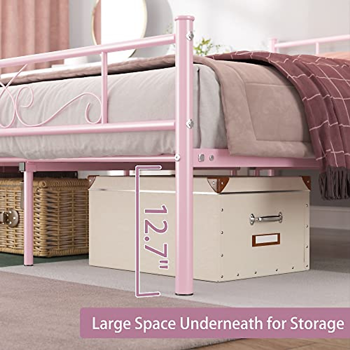 Weehom Full Size Bed Frame with Headboard and Footboard Under Bed Storage Steel Slat Support Metal Bed No Box Spring Needed Easy to Assembly,Pink