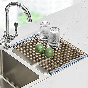 Seropy Roll Up Dish Drying Rack Over The Sink Drying Rack for Kitchen Counter, Rolling Dish Rack Over Sink Mat, Foldable Dish Drainer Stainless Steel Sink Rack Kitchen Organization Gold 17.5"x11.8"
