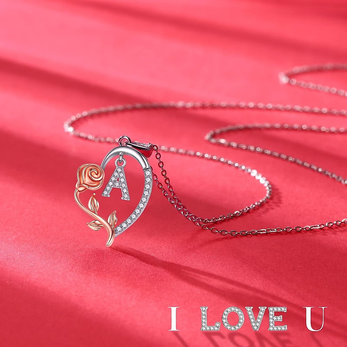 Sterling Sliver Heart Initial Necklaces for Women Girls Jewelry, Dainty Rose Flower Heart Letter S Necklace Unique Initial Necklaces for Women Girls Mothers Day Valentines Birthday Christmas Gifts
