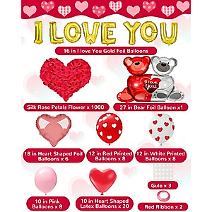 Lutoys Valentines Balloon Kit Decor with I Love You Balloons, Heart Balloons with 1000 Pcs Silk Red Rose Petals for Valentines Day Decorations Romantic Proposal Wedding Anniversary Decorations