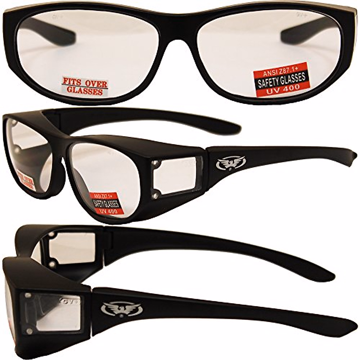 Global Vision 2 Pairs Clear and Smoke - Escort Fit Over Sunglasses ANZI Z87.1+ Safety Compliant