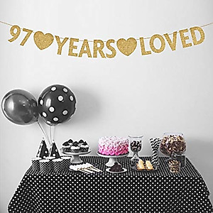 Gold 97 Year Loved Banner, Gold Glitter Happy 97th Birthday Party Decorations, Supplies
