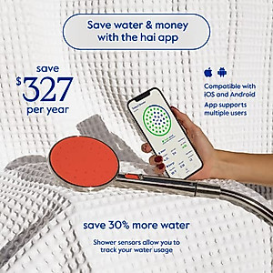 hai Smart Shower Head, Bluetooth Handheld Water Saving Showerhead with Adjustable High Pressure to Spa-Like Mist, Stainless Steel, Easy Installation, Customizable LED Lights, Persimmon, 1.8 GPM