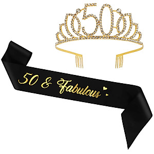 50th Birthday Sash & Rhinestone Tiara Kit, Happy 50th Birthday Party Supplies for Women, 50 & Fabulous Birthday Gifts,Birthday Crown for Women 50th Birthday Party Decorations