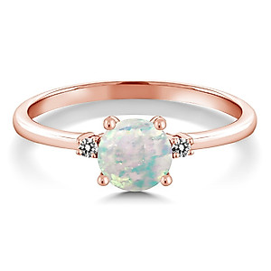 Gem Stone King 10K Rose Gold Simulated White Opal and White Diamond Solitaire Engagement Ring For Women (0.33 Cttw, Round Cabochon 6MM, Gemstone October Birthstone, Size 7)