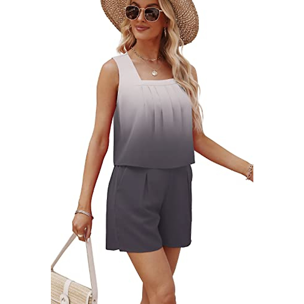 WIHOLL Boho Outfits for Women Crop Tank Top and Shorts Sets 2 Piece Lounge Set Ombre Black L