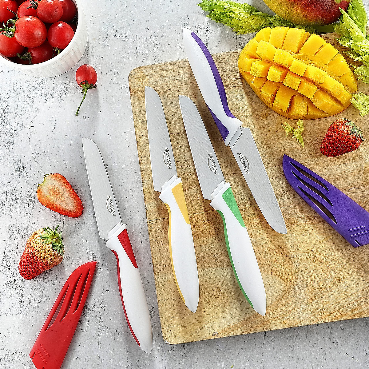 MONGSEW 8 PCS Paring Knives, 4 PCS Paring Knife and 4 PCS Knife Sheath, 4inch fruit and vegetable knife, Stylish Paring Knife Set, German Stainless Steel, Latest Rubber+PP Ergonomic Handle
