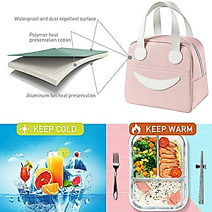 SineGux Cute Lunch Bag, Funny Smiley Reusable Lunch Tote Bag with PU Leather Handles, Insulated Lunch Box Organizer Lunch Containers for Women Men Work Travel Picnic (Pink)