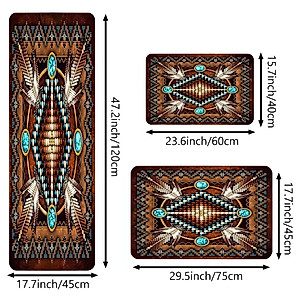Rustic Southwestern Kitchen Rug Sets 3 Piece Tribal Native American Indian Comfort Mat Geometric Cushioned Floor Mats Washable Doormat Anti Fatigue Non-Slip Bathroom Runner Rugs Bedroom Area Carpet